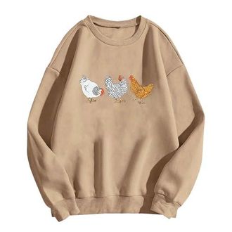 Generic Sweat-shirt &agrave; motif de poulet imprim&eacute; pour femme - Sweat-shirt &agrave; col rond pour femme, kaki, XL
