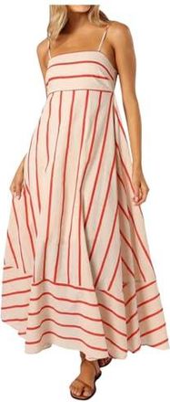 Generic Robe longue boh&egrave;me 2026 pour femme, robe longue &agrave; rayures et sans manches, avec d&eacute;coupes &eacute;vas&eacute;es, dos nu, bretelles spaghetti, Rouge, M
