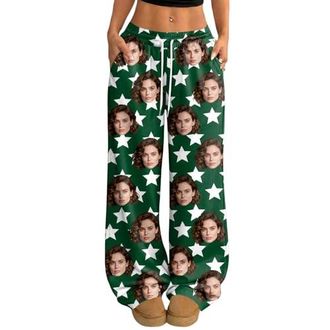 Generic Pantalon personnalis&eacute; avec photo de visage pour femme - Pantalon de jogging personnalis&eacute; avec cordon de serrage - Jambe droite, vert fonc&eacute;, M