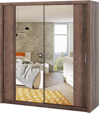 Selsey Rinker - Schwebet&uuml;renschrank/Kleiderschrank 2-t&uuml;rig mit 2 Kleiderstangen, 200 cm (Eiche Monastery mit Spiegel)