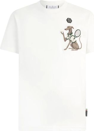 Philipp Plein Homme, Tops, Blanc, Taille: XL T-Shirt Col Rond Tennis Pet Patch