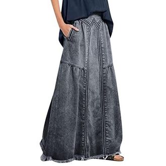 Generic Jupe-short longue en jean pour femme - Jupe longue d&eacute;contract&eacute;e - Taille &eacute;lastique - Ourlet fendu - Coupe trap&egrave;ze - Jupe maxi en jean avec poches, gri