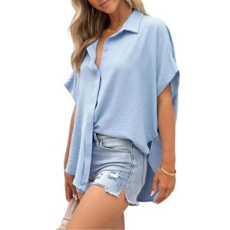 Generic Chemisier d&eacute;contract&eacute; &agrave; manches courtes et ourlet fendu pour femme, couleur unie, col en V, coupe surdimensionn&eacute;e, bleu clair, XXL