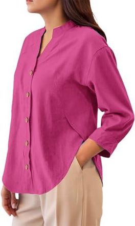 Generic Chemises &agrave; manches 3/4 pour femme - Hauts en coton - Grande taille - D&eacute;contract&eacute; - En coton et lin - Tendance - L&eacute;ger - Confortable - Manches longues 