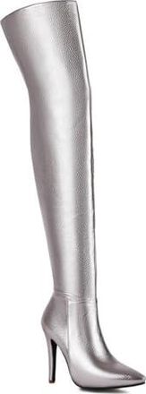 Generic Argent,39 EU,Bottes Hautes au-Dessus du Genou pour Femmes, Fermeture éclair, Bout Pointu, Talon Aiguille, Similicuir Extensible, Bottes déquitation Ha