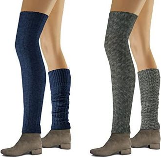 Sesto Senso 2 paires Gu&ecirc;tres Hautes Hiver Femme Jambi&egrave;res Cotton Tricot&eacute;s Tress&eacute;e Tresser M&eacute;lange fonc&eacute; Marine