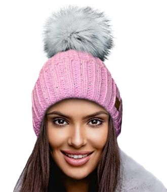 4sold Damen Wurm Winter Style Beanie Strickm&uuml;tze M&uuml;tze mit Fellbommel Bommelm&uuml;tze Hat Ski Snowboard Pelz Bommel Pompon Kreis Kleine Kristalle Crystals (Rosa