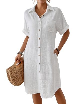 Bsubseach Womens Badeanzug Cover Up Long Button Down Badeanzug Cover Ups Kurzarm Sommer Strand Shirt Kleid mit Taschen Wei&szlig; XXL