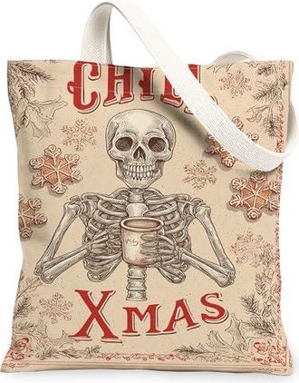 Generic Sacs fourre-tout en toile motif squelette de No&euml;l, sacs de courses r&eacute;utilisables, vintage, l&eacute;gers et lavables avec bandouli&egrave;re, beige, 13x15 Inch