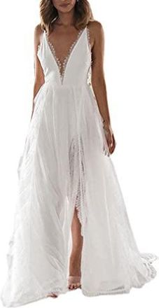 QIYUN.Z Robe Sexy Femme Longue Maxi Dos Nu Col V Dentelle Bretelles Spaghetti Tulle Robes de Mariée Blanc L