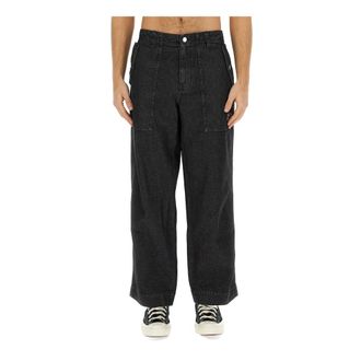 Maison Kitsun&eacute; Pantalon de travail en denim d&eacute;lav&eacute; avec patch t&ecirc;te de renard - Homme - Pantalons - Noir - Taille: W33