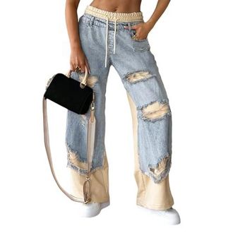 Generic Pantalon en jean pour femme avec coutures et design d&eacute;chir&eacute;, jean baggy d&eacute;chir&eacute; pour femme, pantalon d&eacute;coup&eacute; pour femme, bleu, XXL