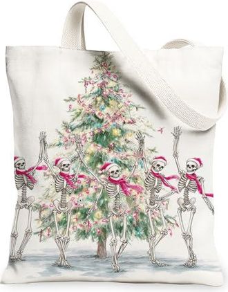 Generic Sacs fourre-tout en toile motif squelette de No&euml;l, sacs d&eacute;picerie r&eacute;utilisables, vintage, l&eacute;gers et lavables avec bandouli&egrave;re, blanc, 13x15 Inch