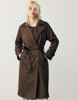 Stradivarius Trench-coat long imitation daim - Marron-Brown