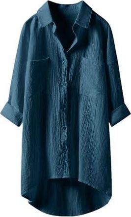 Generic Chemisier en lin pour femme - Manches longues - &Eacute;l&eacute;gante chemise en lin avec boutons - Chemisier confortable pour femme - Revers - Chemisier d&eacute;t&eacute; l&eacute;ge