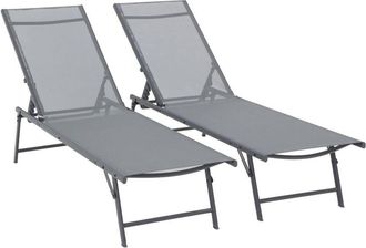 Sweeek Lot de 2 bains de soleil acier textil&egrave;ne inclinable 4 positions Tropea anthracite. 165 x 54.5 x 82.5 cm