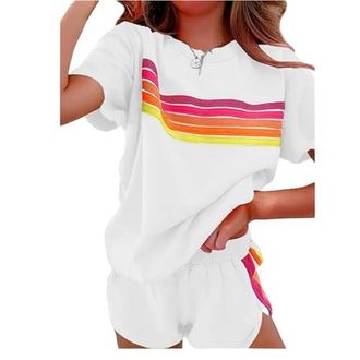 Generic Ensemble de 2 pi&egrave;ces pour femme - Ensemble ray&eacute; arc-en-ciel - Short de surv&ecirc;tement d&eacute;contract&eacute; - Short de course assorti, blanc, XXL