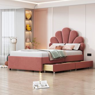 Myboo Kinderbett Polsterbett 90x200, Einzelbett mit 2 Schubladen Stauraum&h&ouml;henverstellbar Kopfteil in Blumenform&Lattenrost, Bett Stauraumbett M&auml;dchenbett 