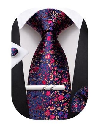 Barry.Wang Ensemble Barry.Wang pour homme : cravates, mouchoir de poche, boutons de manchette et pince &agrave; cravate Motif floral en soie classique - Lot de 4 pi&egrave;ces