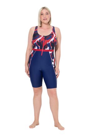 Ulla Popken Damen gro&szlig;e Gr&ouml;&szlig;en &Uuml;bergr&ouml;&szlig;en Plus Size Badeanzug, langes Bein, ohne Softcups, Zipper, recycelt Marine 48 836821740-48