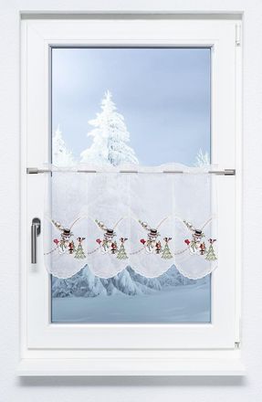Plauener Spitze Scheibengardine Schneemann zur Weihnachtszeit 1W (BxH) 145,8cm x 40cm rot