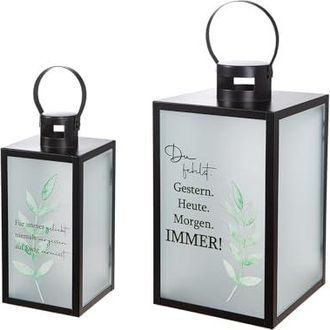 Gilde 2er Set Laternen Du fehlst/F&uuml;r Immer geliebt - Metall - Schwarz Matt - Rechteckig - Blattmotiv - Spruch
