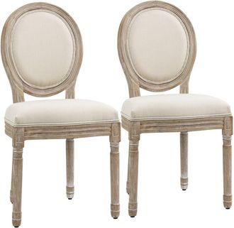 HOMCOM Lot de 2 chaises de Salle &agrave; Manger - Chaise de Salon m&eacute;daillon Style Louis XVI - Bois Massif sculpt&eacute;, patin&eacute; - Aspect Lin Beige-Cr&egrave;me