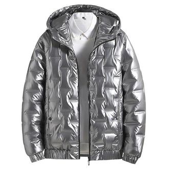 Generic Veste matelass&eacute;e brillante pour homme - Style d&eacute;contract&eacute; et brillant - Chaud - Manteau dhiver &agrave; capuche, Gris 2, 5XL
