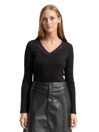 Tom Tailor Damen 1049371 Slim Fit Langarmshirt mit Spitzen-Detail, 14482-Deep Black, S