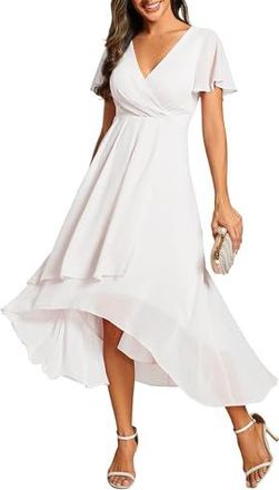 Ever-pretty Robe DInvité Jupe Trapèze Col en V Manches Volantées Robe Femme Chic Et Elegant Belle Robe Soirée Blanc 34