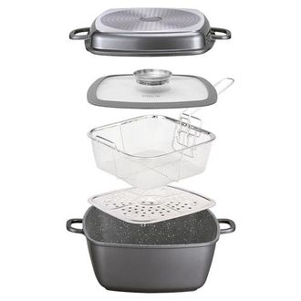 STONELINE Cocotte carr&eacute;e multi-usage 28x28 cm, avec fonction Vapeur et Friture, convient &agrave; lInduction, en Fonte dAluminium, Rev&ecirc;tement Antiadh&eacute;sif avec de vraie