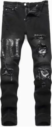 Generic Jeans pour homme brod&eacute; taille haute slim fit extensible pantalon en denim, Noir, 44