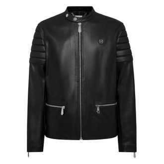 Philipp Plein Homme, Vestes, Noir, Taille: L Leather Moto Jacket Dobermann