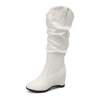 Generic Chaussures dhiver tendance pour femme - Coupe en V - Large mollet - Ruch&eacute; - Talon compens&eacute; cach&eacute; - Bout rond, blanc, 37.5 EU