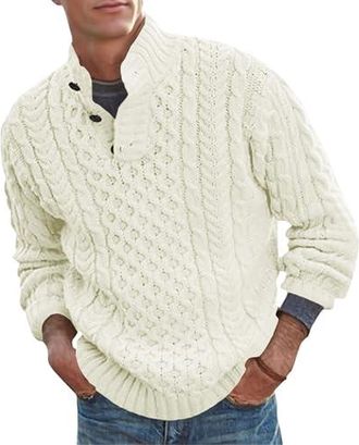 Generic Pull col Montant boutonn&eacute; pour Homme, Tricot torsad&eacute; &eacute;pais, d&eacute;contract&eacute;, Mode Automne-Hiver, Tricot Thermique torsad&eacute;, Blanc, Taille XL