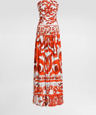 Dolce & Gabbana Langes Kleid Aus Organzine Mit Majolika-print - Frau Kleider Multicolor 44