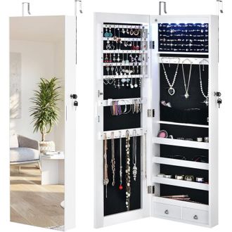 Costway Armoire &agrave; Bijoux &agrave; Fixation Murale/Porte 6 led et 2 Tiroirs avec Miroir Grand Format Blanche pour Chambre - Costway