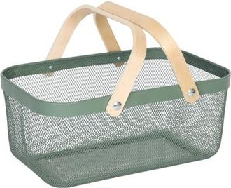 Relaxdays Drahtkorb mit Henkel, eckig, Aufbewahrungskorb Metall & Holz, Utensilienkorb K&uuml;che, Bad, Wohnzimmer, Mint