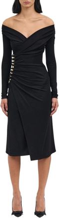 Elisabetta Franchi Femme, Robes, Noir, Taille: 40 FR Robe Midi Crois&eacute;e &agrave; &Eacute;paules D&eacute;nud&eacute;es avec D&eacute;tails de Boutons Dor&eacute;s