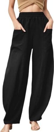 Generic Pantalon en coton et lin pour femme - Jambe large - Pantalon de plage d&eacute;t&eacute; confortable - Pantalon de yoga Palazzo - XIYU26052, Noir, XXL