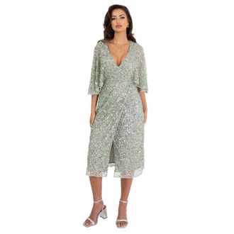 Maya Damen Womens Midi Dress Ladies Sequin Embellished Cape Sleeve Wrap Dress for Wedding Guest Bridesmaid Cocktail Prom Evening Kleid, Green Lily