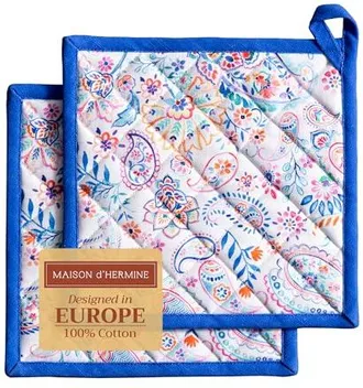 Maison d'Hermine Casseroles, 100% coton, résistant à la chaleur, lot de 2 hotpads avec boucle pour la cuisson, griller, micro-ondes, fleurs indiennes, printemps/été (2