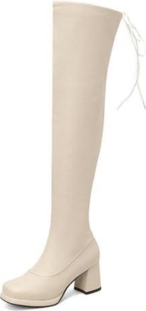 Generic Bottes &agrave; lacets &eacute;lastiques au-dessus du genou pour femme - Bout carr&eacute; - Plateforme - Talons blocs - Chaussures dhiver, beige, 39.5 EU