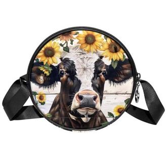 Generic Sac &agrave; bandouli&egrave;re rond pour femme, motif vache et tournesol avec fermeture &eacute;clair et bretelles r&eacute;glables