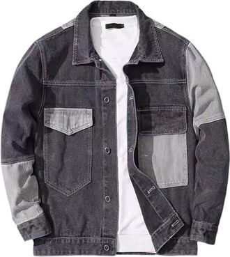 Generic Veste en jean patchwork grande taille pour homme, coupe oversize, d&eacute;contract&eacute;e, style streetwear tendance, avec poches, grise, taille 5XL