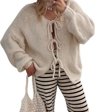 Generic Printemps et Automne Mignon Femmes Noeud Papillon Pull Surdimensionn&eacute; Pull Col V Nou&eacute; Devant Cardigan Tricot&eacute; Manches Longues, Blanc de riz., Taille S