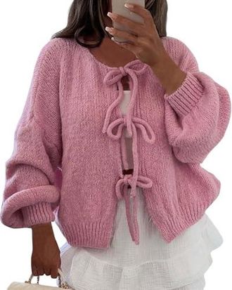 TOMWELL Gilet Femme Manches Longues Cardigan Tricoté à Lacets Mode Col Rond Couleur Unie Pull A Rose L