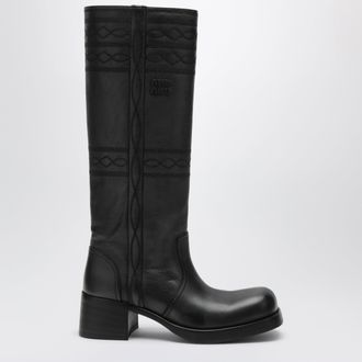 Miu Miu Anthracite grey leather boots with embroidery