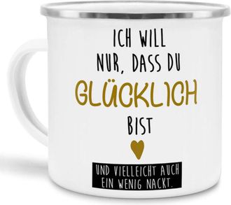 Tassendruck Liebes-Emaille mit Spruch Ich Will nur, DASS du glücklich bist - Schatz/Pärchen/Love/Glück/Emaille klein Silber