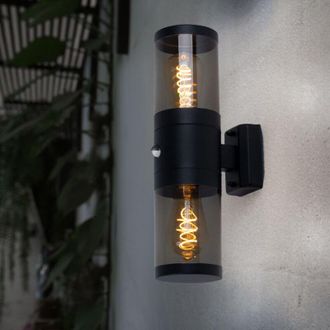 ETC Shop Lampe dextérieur, applique murale, spot haut et bas, éclairage de façade, détecteur de mouvement, acier inoxydable, noire, IP44, 2xE27, DxH 10,2x42cm